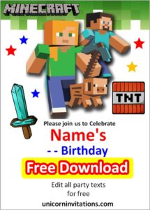 Minecraft invitation templates Unicorn Invitations
